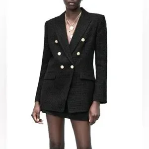 Zara | Jackets & Coats | Rare Zara Black Textured Weave Tweed Double ...